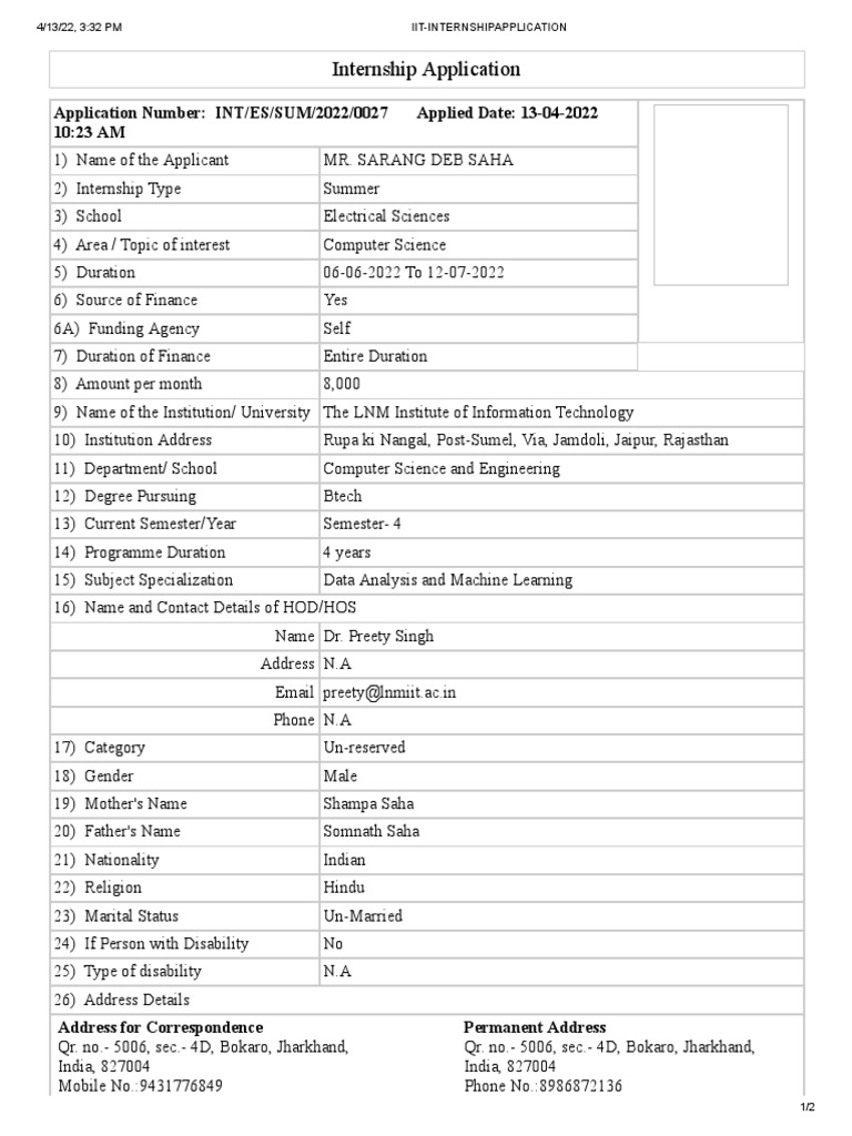 IIT Bhuvaneshwar Summer Internship Application | PDF