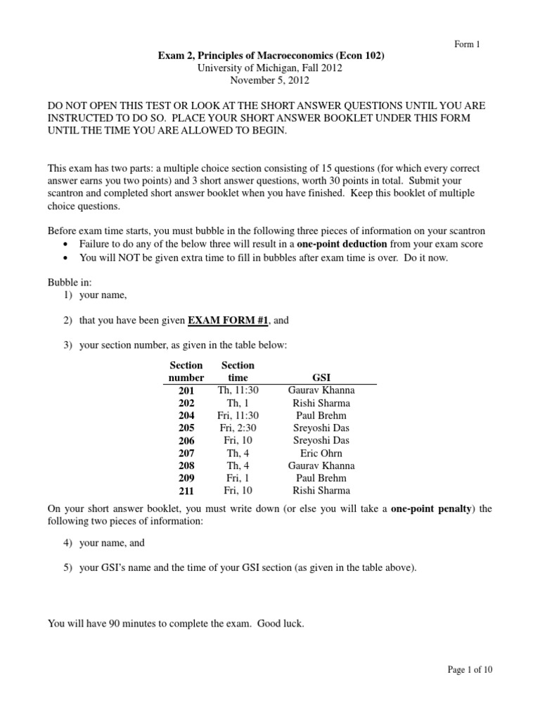 Exam 2, Principles of Macroeconomics (Econ 102) : Form 1 | PDF ...