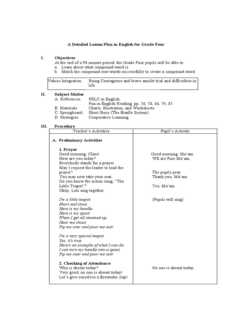Grade 4 English Lesson Plan: Compound Words | PDF | Lesson Plan
