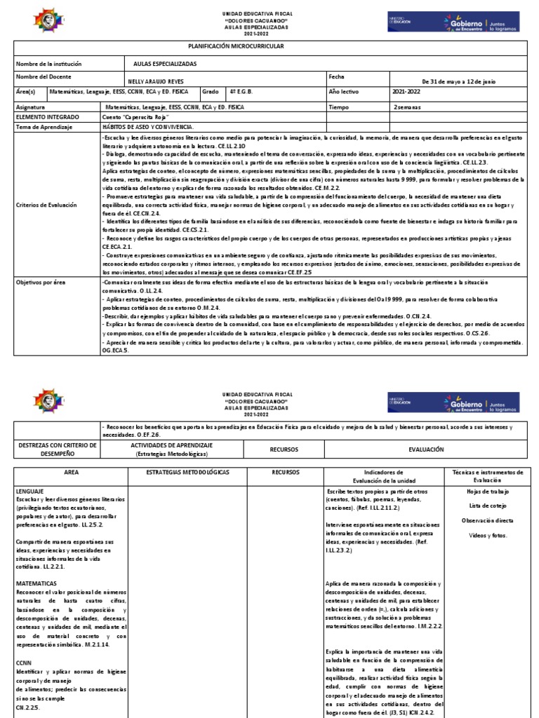 Planificación Microcurricular 4º E.G.B. | PDF | Evaluación | Aprendizaje