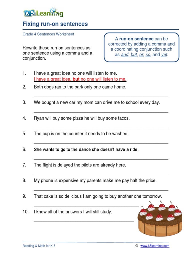 Fixing Run-On Sentences Worksheet 2 | PDF
