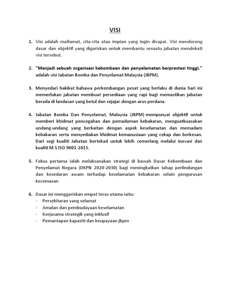 Visi dan Misi Jabatan Bomba Malaysia | PDF