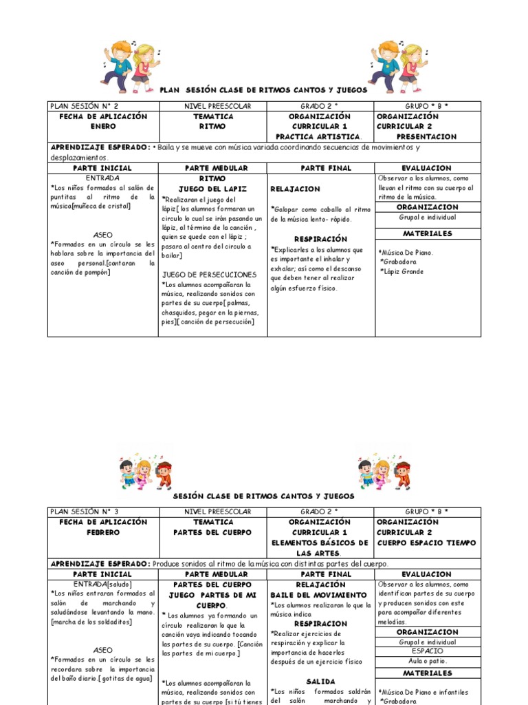 Planeacion de Ritmos, Cantos y Juegos | PDF | Educación de la primera ...