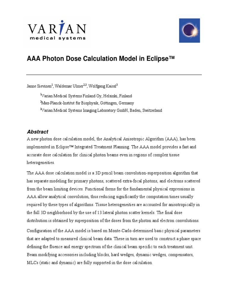 AAA Photon Dose Calculation Model in Eclipse™ | PDF | Absorbed Dose | Radiation Therapy