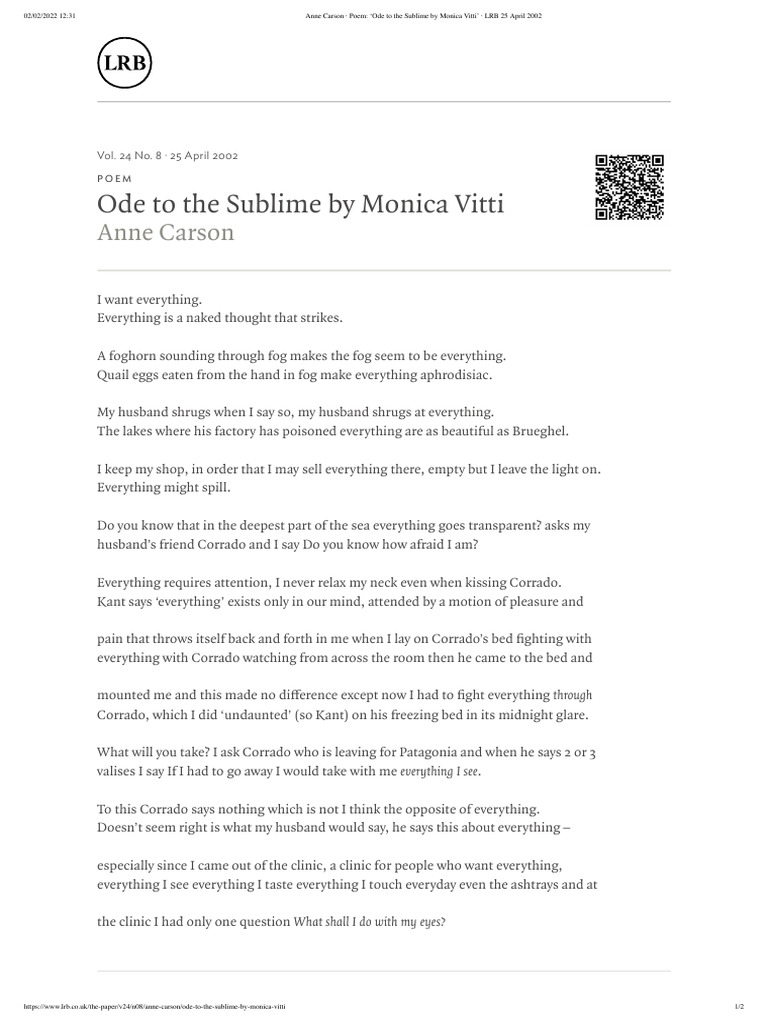 Anne Carson Poem - Ode To The Sublime by Monica Vitti' LRB 25 April ...