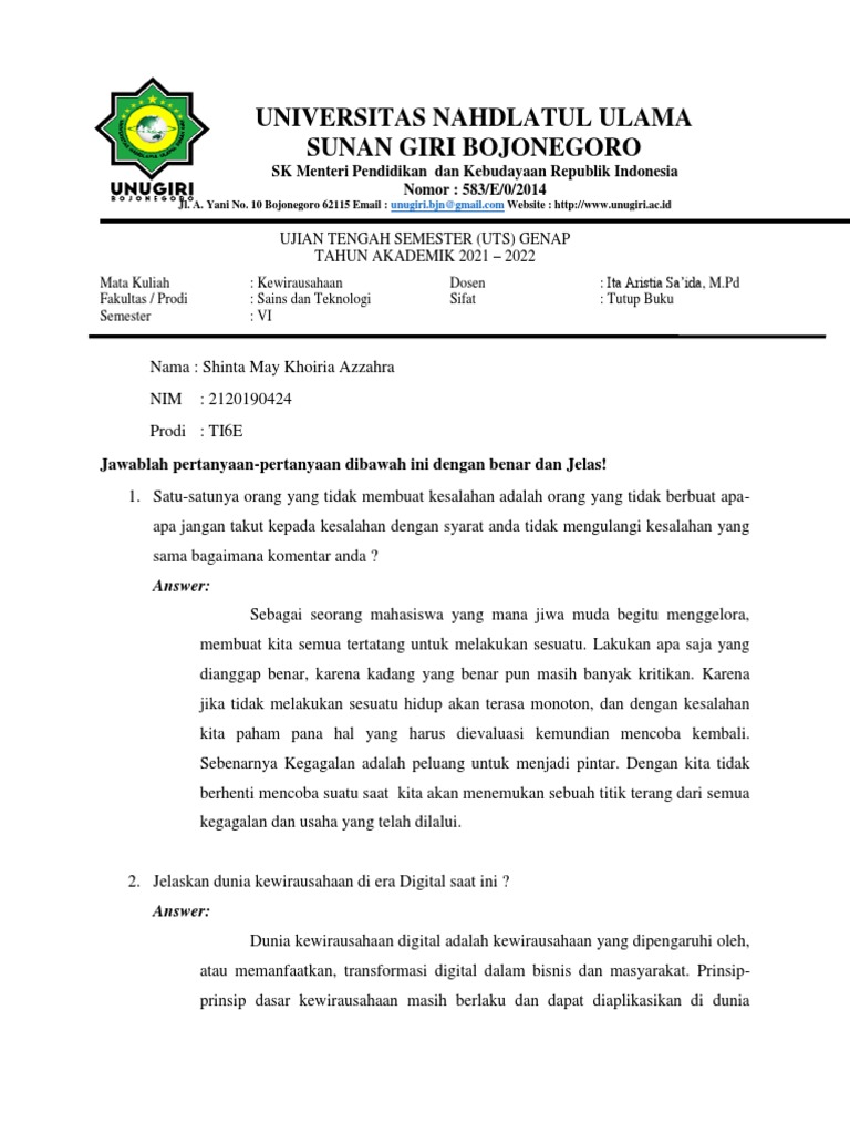 UTS Kewirausahaan - Shinta May K.A - 2120190424 | PDF | Karier & Perkembangan | Bisnis