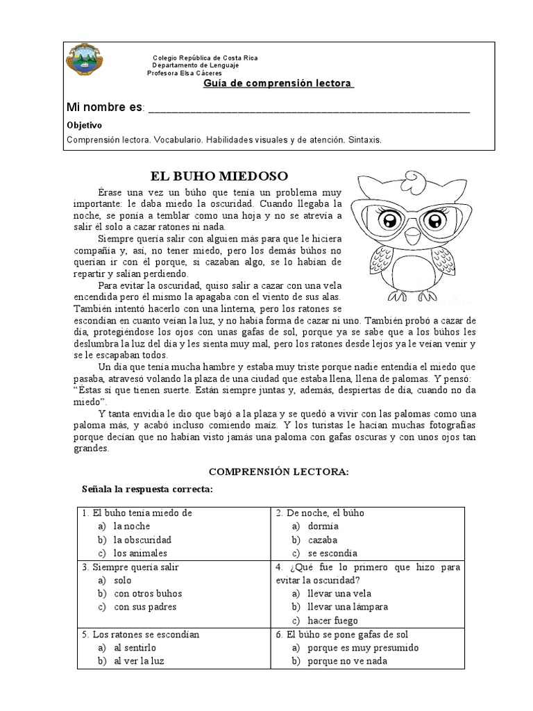 Guía de comprensión lectora: "El búho miedoso | PDF