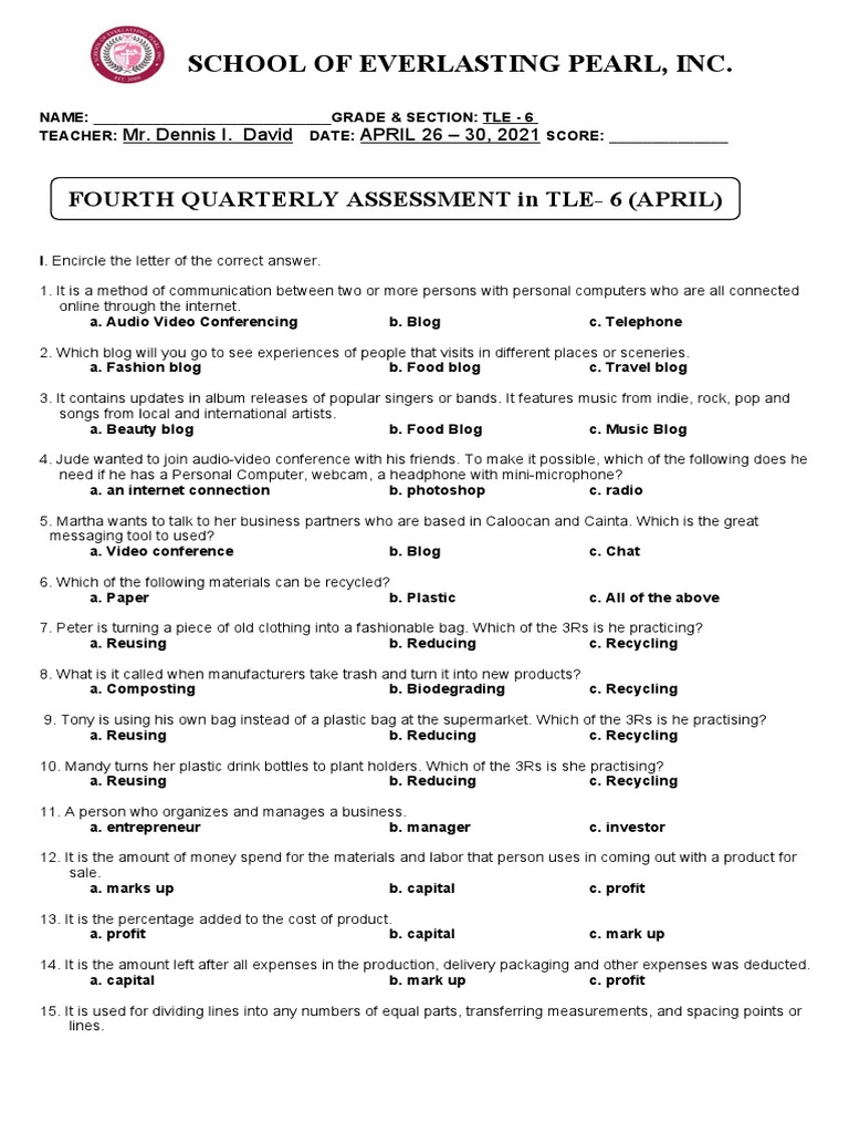 Fourth Quarterly Assessment in TLE 6 - APRIL | Download Free PDF ...