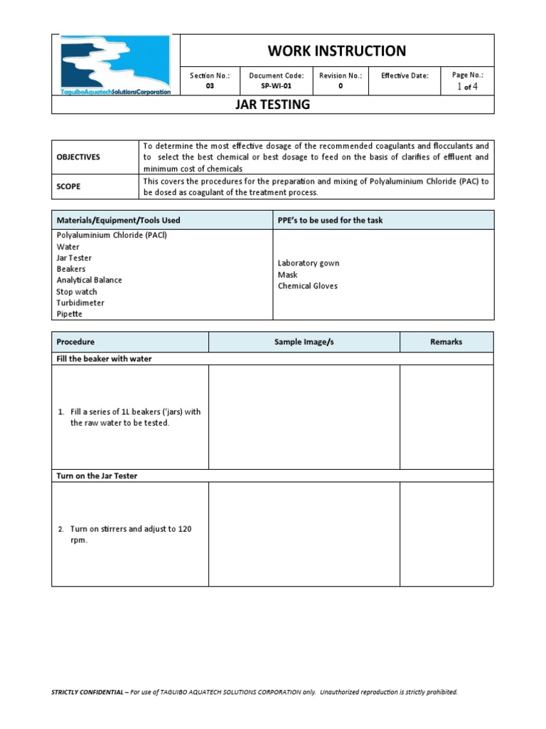 Work Instruction: Jar Testing | PDF | Physical Sciences | Water Pollution