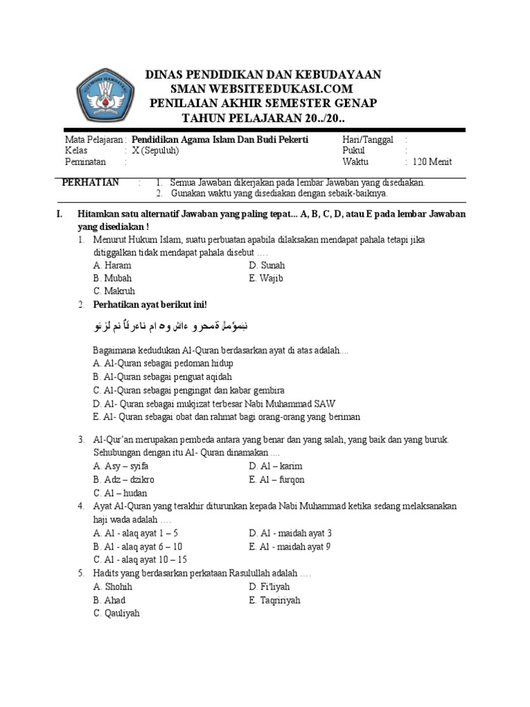 Soal PAT Kelas X - PAI | PDF