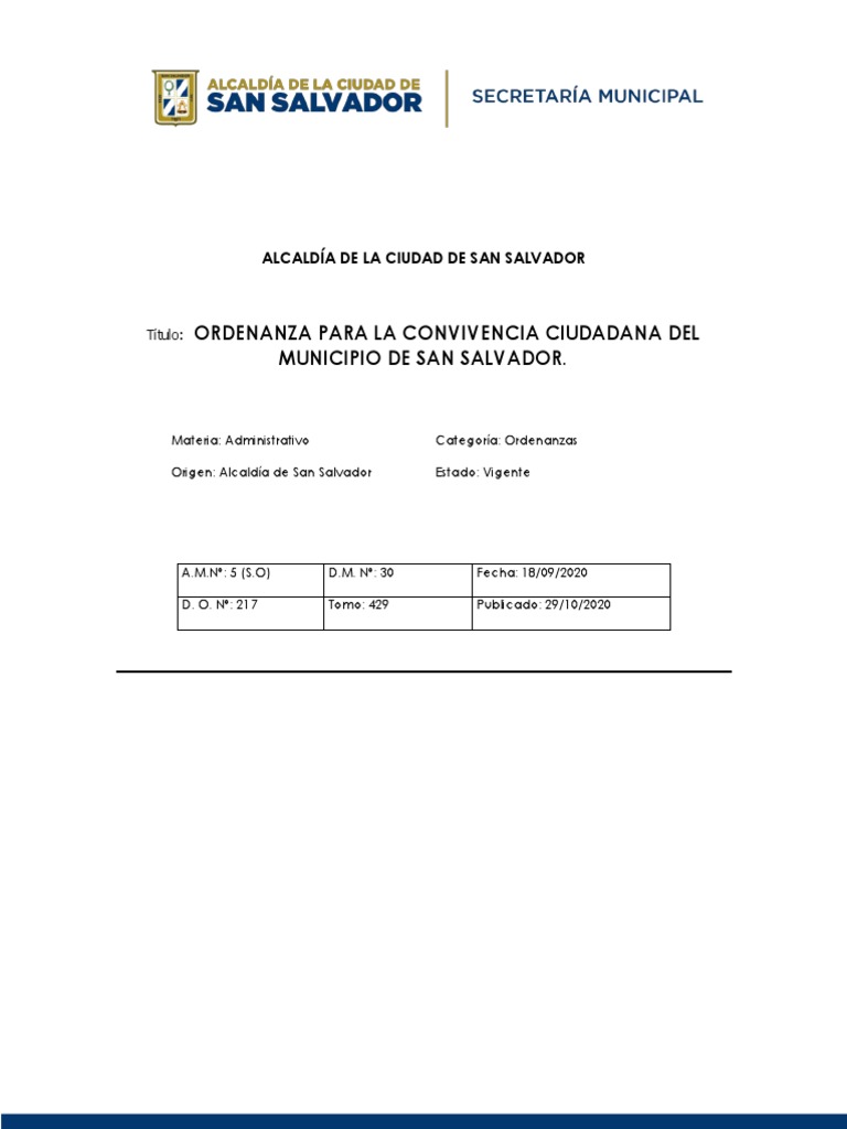 Ordenanza para La Convivencia Ciudadana Del Municipio de San Salvador ...