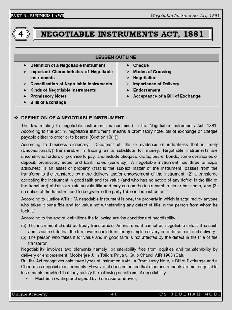 Negotiable Instrument Act | PDF | Negotiable Instrument | Cheque