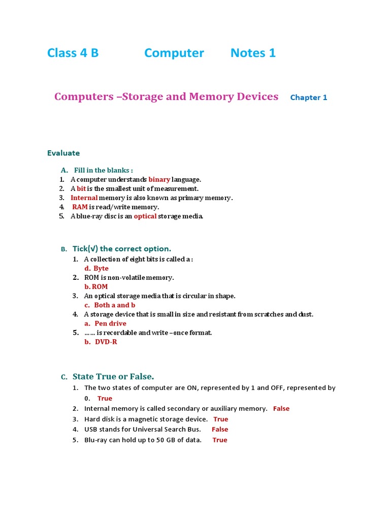 Class 4 B Computer Notes 1: Computers - Storage and Memory Devices ...