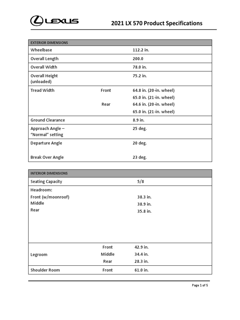 20 2 1 LX 570 PR Oduct Specifications: Exterior Dimensions | PDF | Fuel ...