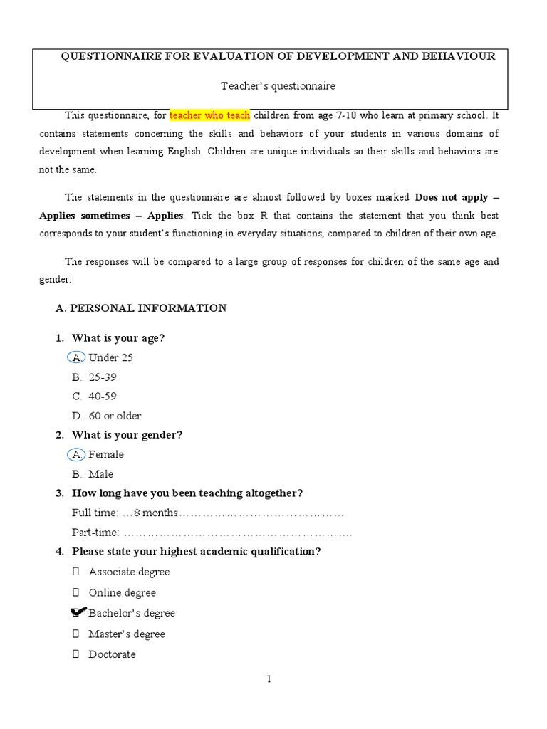 Teacher's Questionnaire: Questionnaire For Evaluation of Development ...