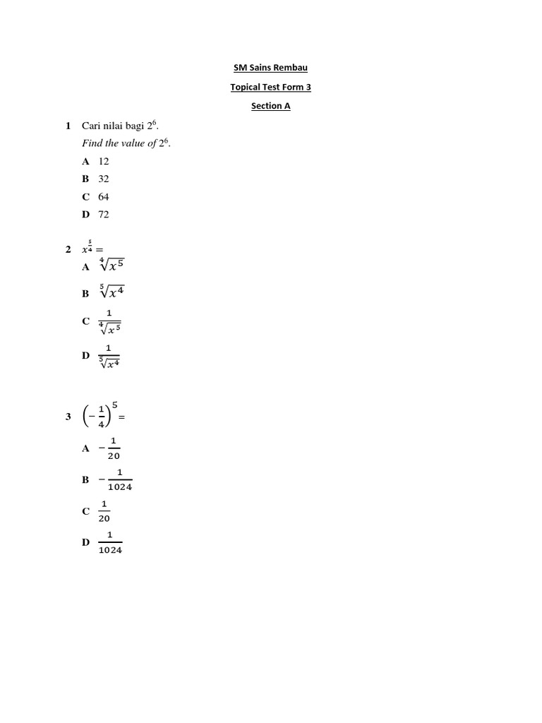 Topical Test Chapter 1-2 Form 3 | PDF | Applied Mathematics | Mathematics