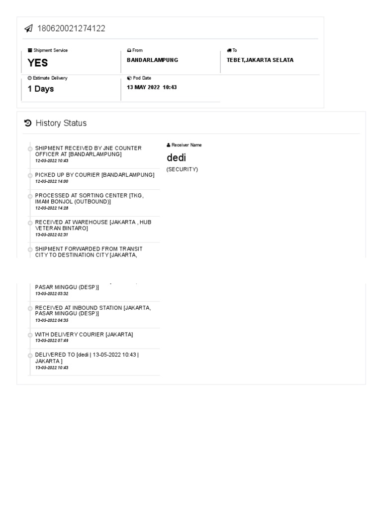 Cek Resi JNE - 180620021274122 | PDF