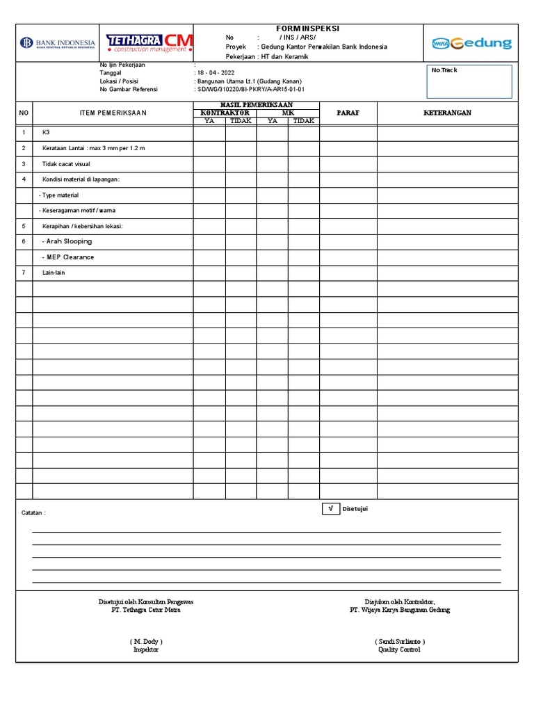 Ceklis Pekerjaan HT Bangunan Utama | PDF