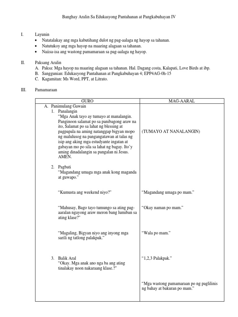 Banghay Aralin Sa Edukasyong Pantahanan at Pangkabuhayan IV | PDF