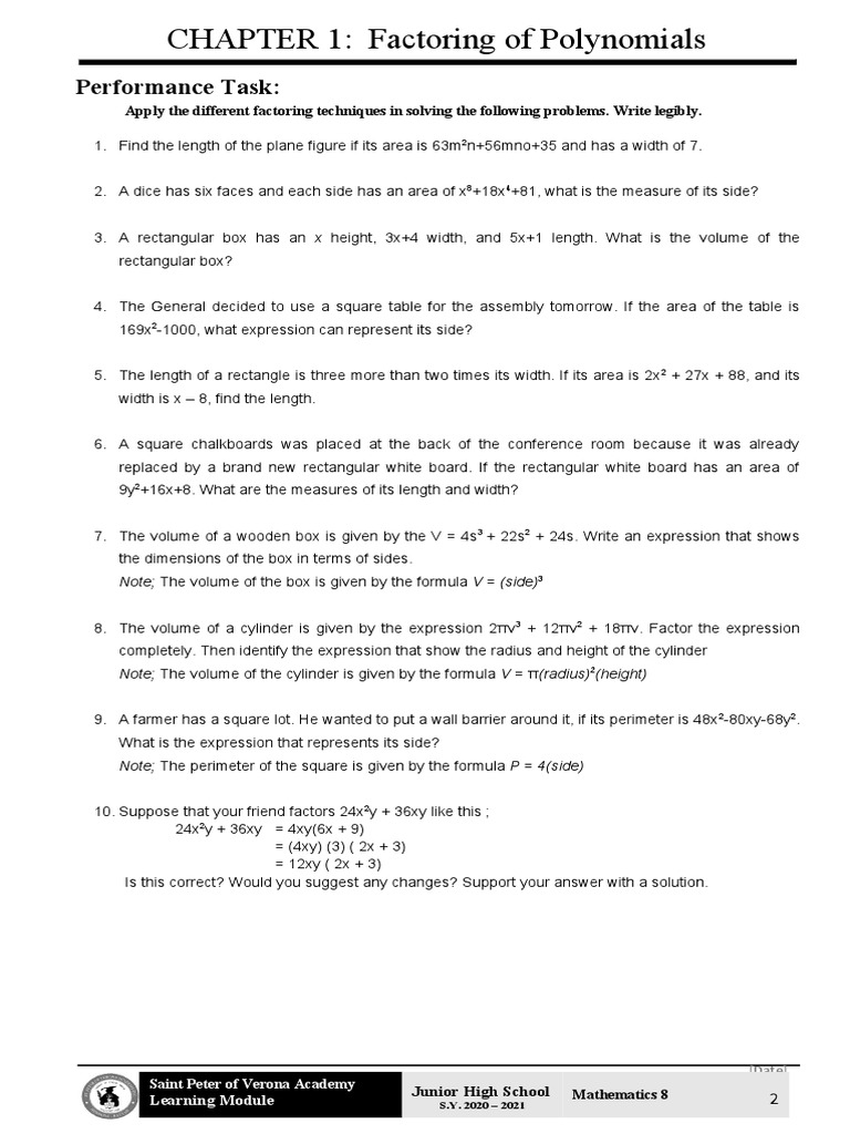 Factoring of Polynomials: Performance Task | PDF | Area | Length