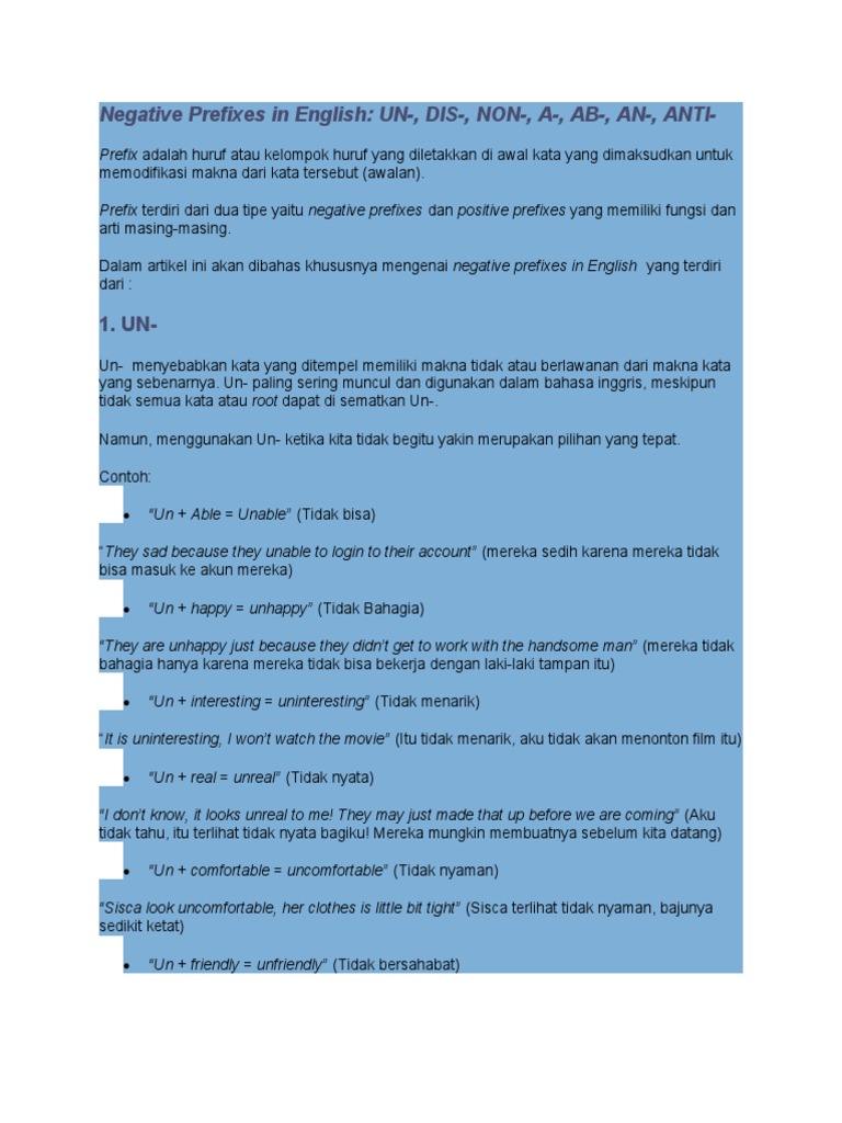 Pemahaman Prefix Negatif dalam Bahasa Inggris | PDF