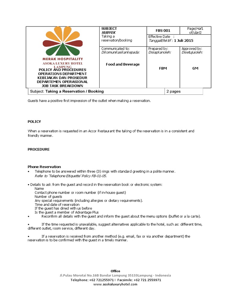 Reservation Policy and Procedures | PDF | Fax | Food And Drink