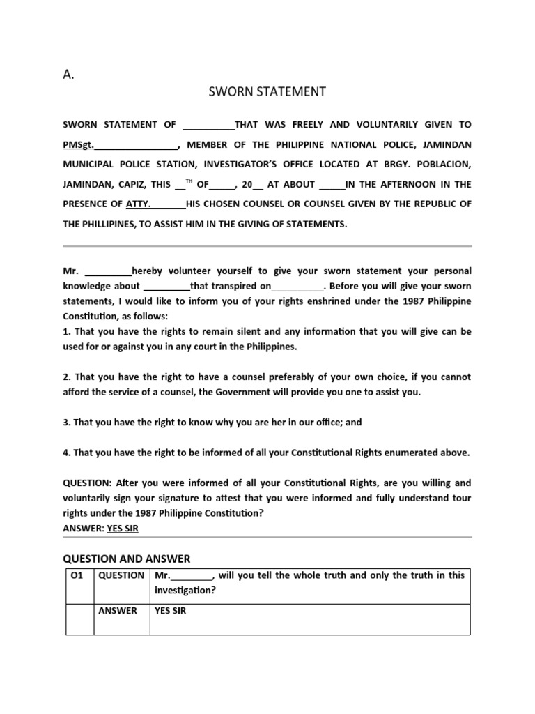 A. Sworn Statement: Question and Answer | PDF | Affidavit | Prosecutor
