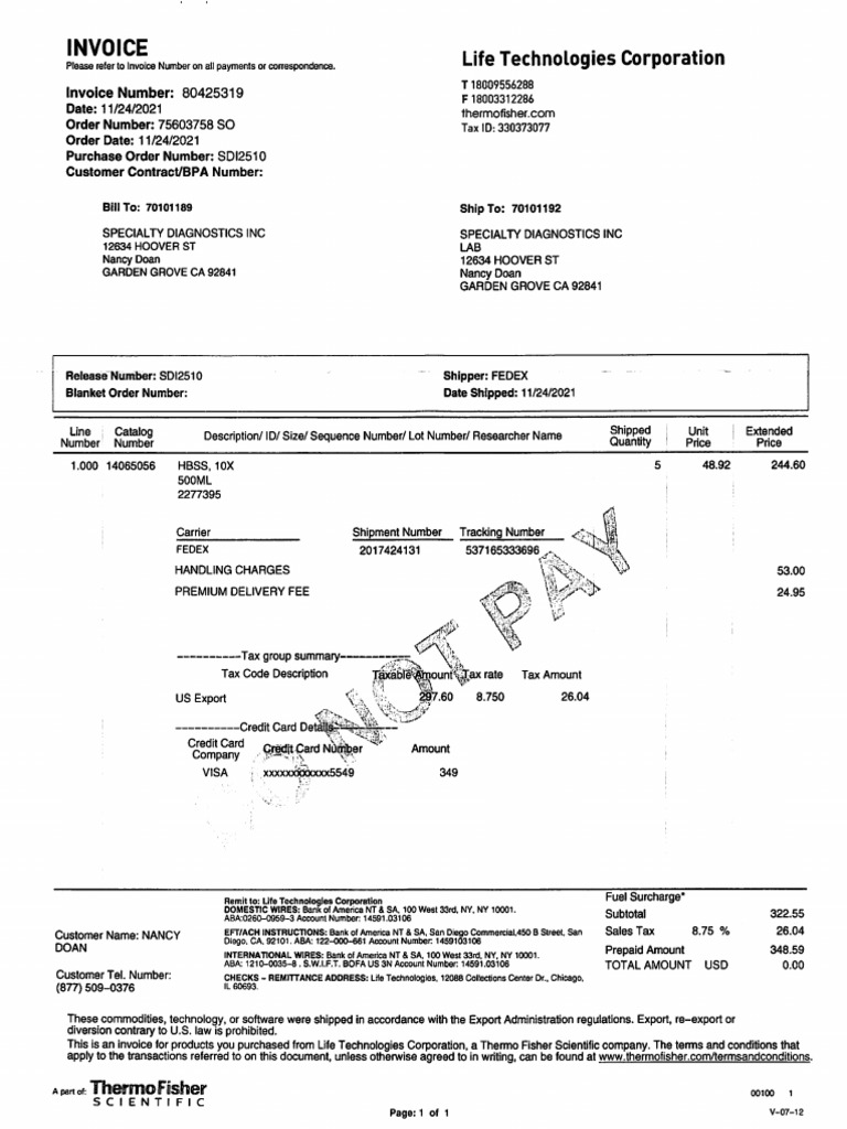 Thermo Fisher-Life Technologies Invoice | PDF