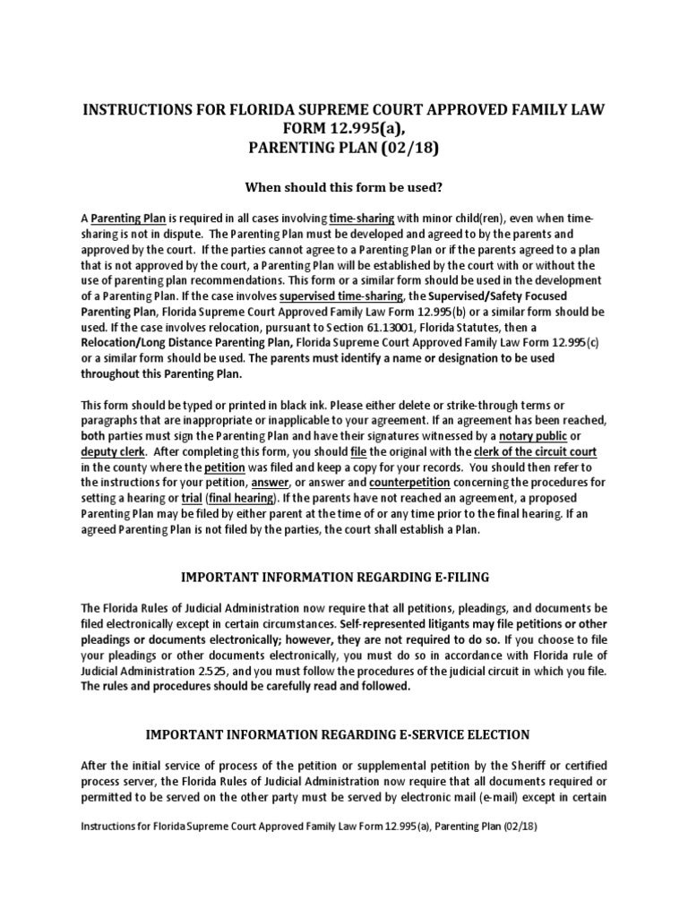 Parenting Plan Florida | PDF | Service Of Process | Child Custody
