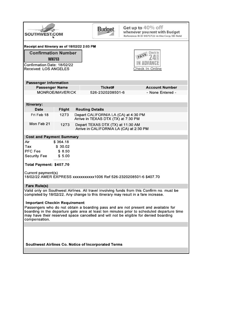 Southwest airlines flight receipt | Mapsru.com