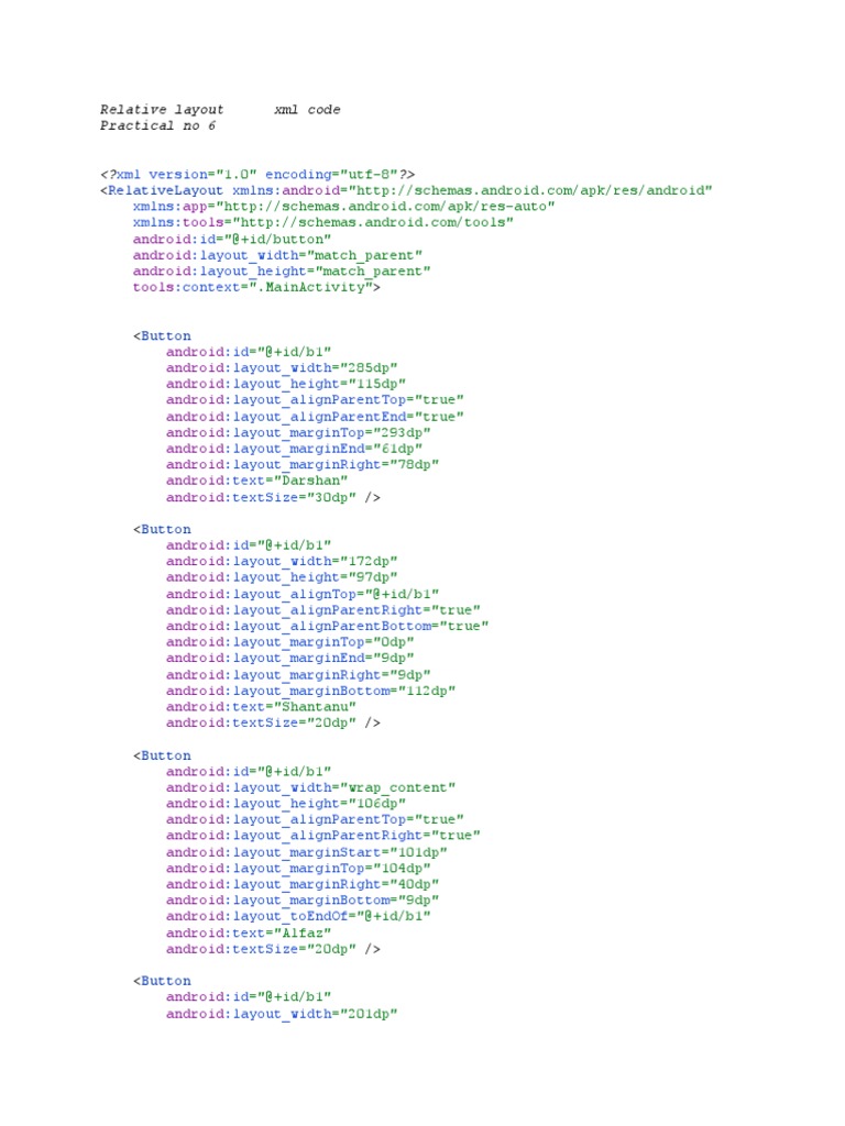 Relativelayout: Relative Layout XML Code Practical No 6 | PDF ...
