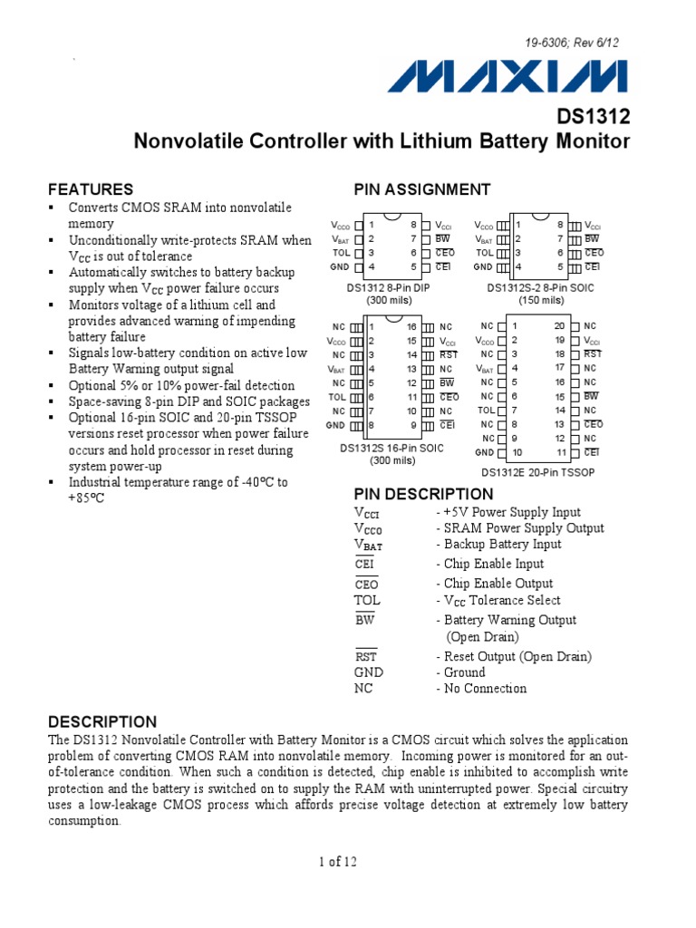 DS1312 Nonvolatile Controller With Lithium Battery Monitor: Features ...