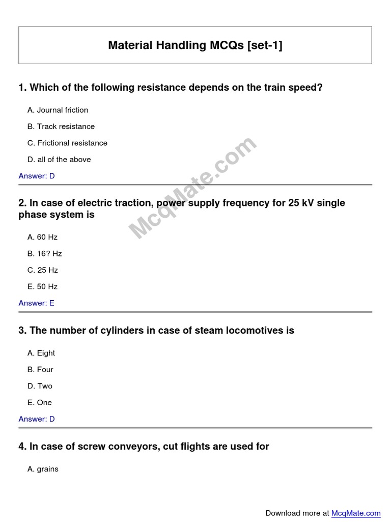 Material Handling MCQs Set 1 | PDF | Electric Motor | Rail Transport
