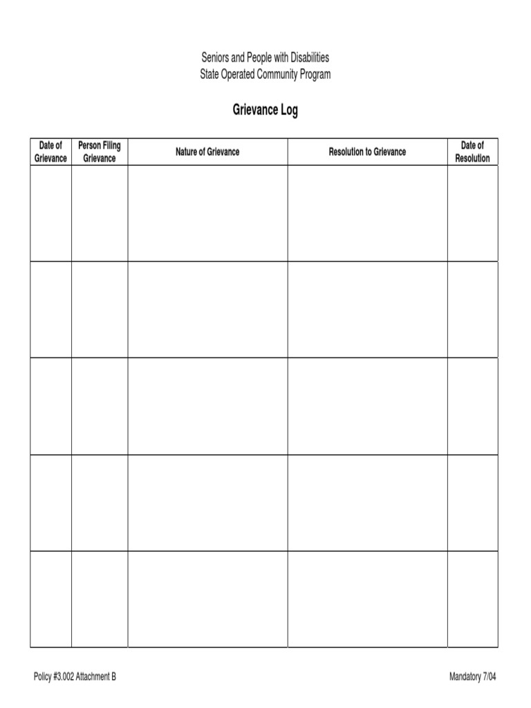 Grievance Log Template for Seniors | PDF | Finance & Money Management | Law