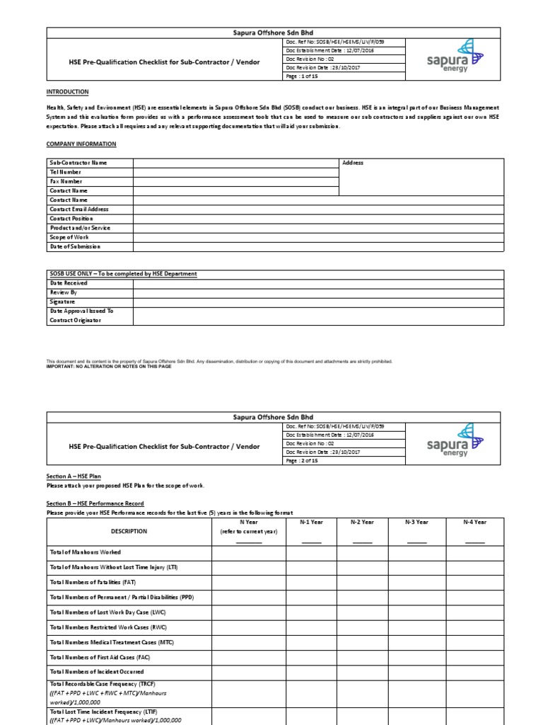 Appendix E-Sub-Cons Vendor HSE Pre-Qualification Checklist Rev 2 | PDF ...