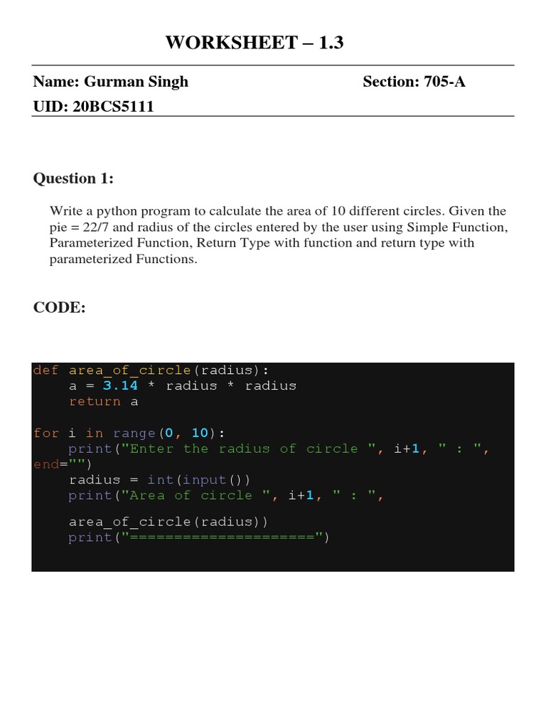 Worksheet - 1.3: Name: Gurman Singh Section: 705-A UID: 20BCS5111 | PDF