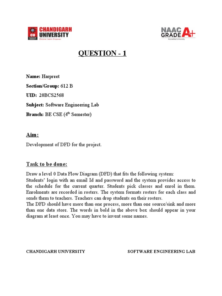 Question 1 Name Harpreet Sectiongroup 612 B Uid 20bcs2568 Subject Software Engineering 