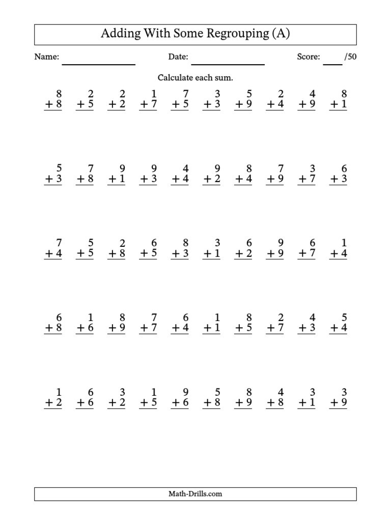 Addition Worksheet - 50 Single-Digit Addition Questions With Some ...