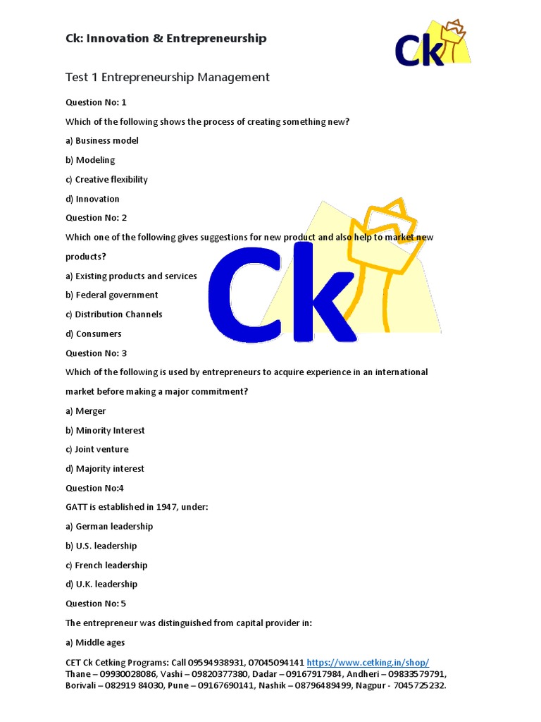 Innovation & Entrepreneurship Exam Guide | PDF | Entrepreneurship ...