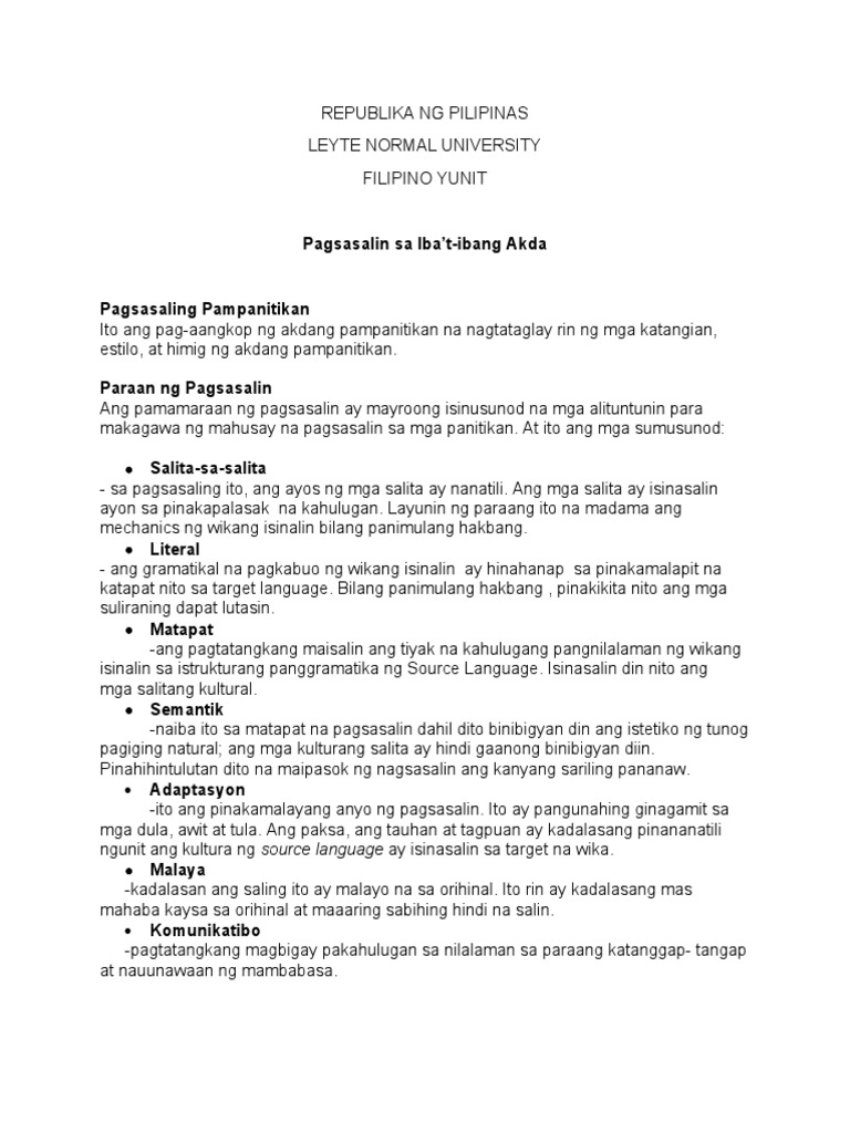 Pagsasalin Sa Iba't Ibang Akda | PDF