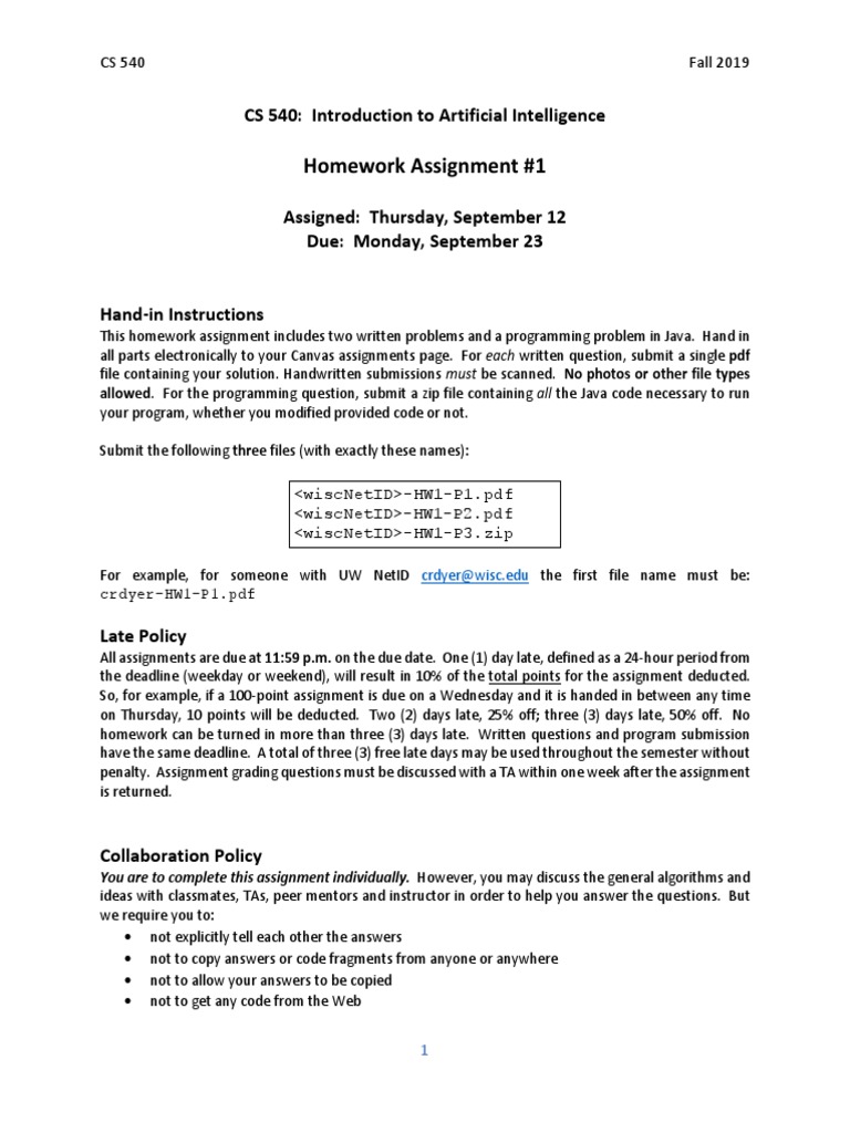 Homework Assignment #1: CS 540: Introduction To Artificial Intelligence ...