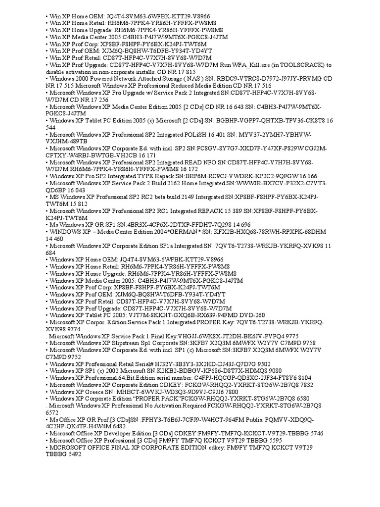 Windows XP keys and Office XP keys | PDF | Windows Xp | Microsoft Windows