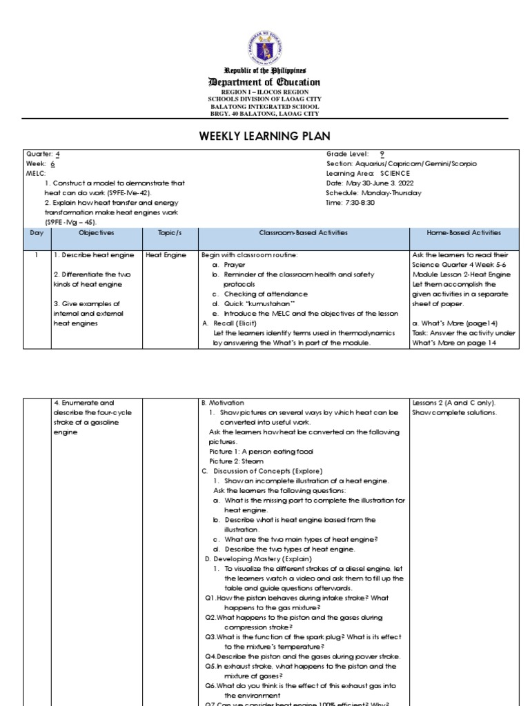 Grade 9 Science Weekly Plan: Heat Engines | PDF | Engines | Piston