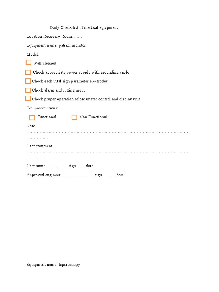 Daily Check List of Medical Equipment | PDF