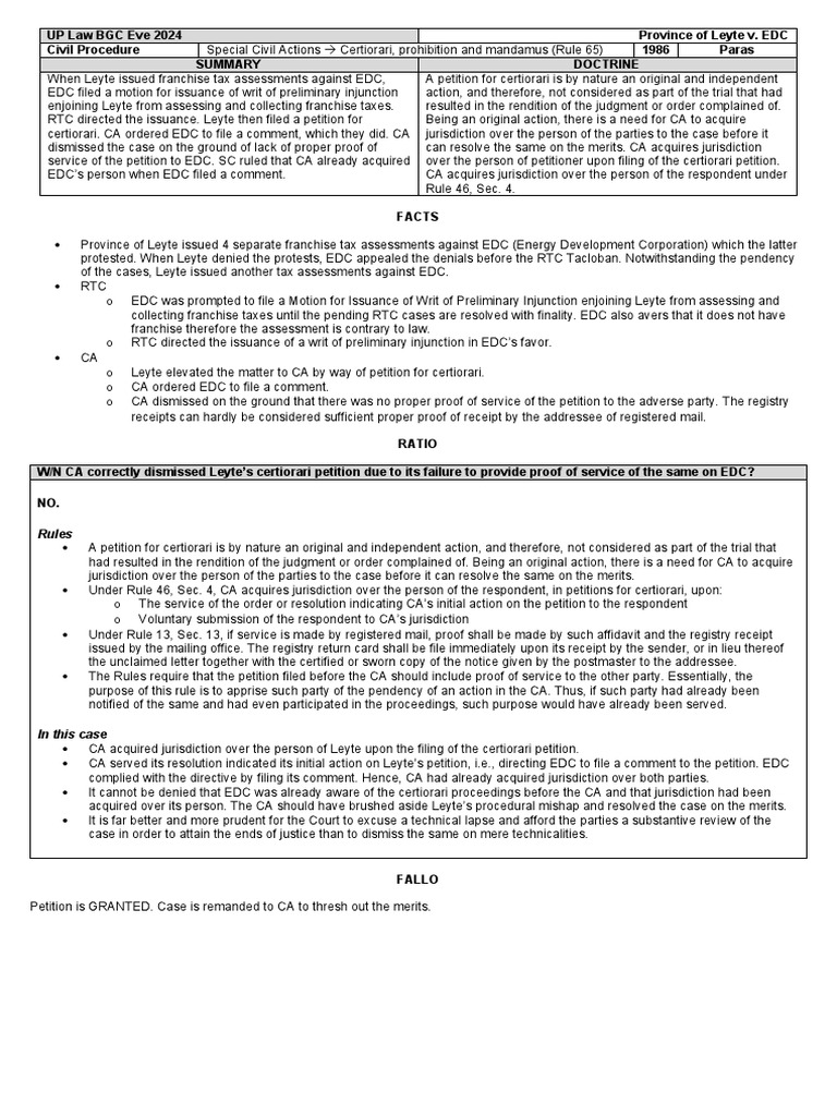 346 - Province of Leyte v. EDC | PDF | Certiorari | Registered Mail