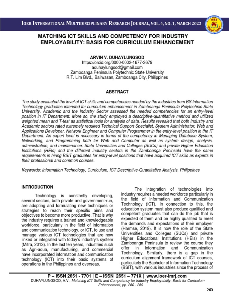 Matching ICT Skills and Competency For Industry Employability Basis For Curriculum Enhancement ...