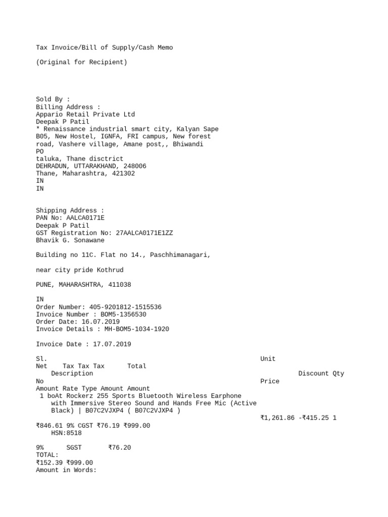Tax Invoice for boAt Rockerz 255 | PDF | Finance & Money Management