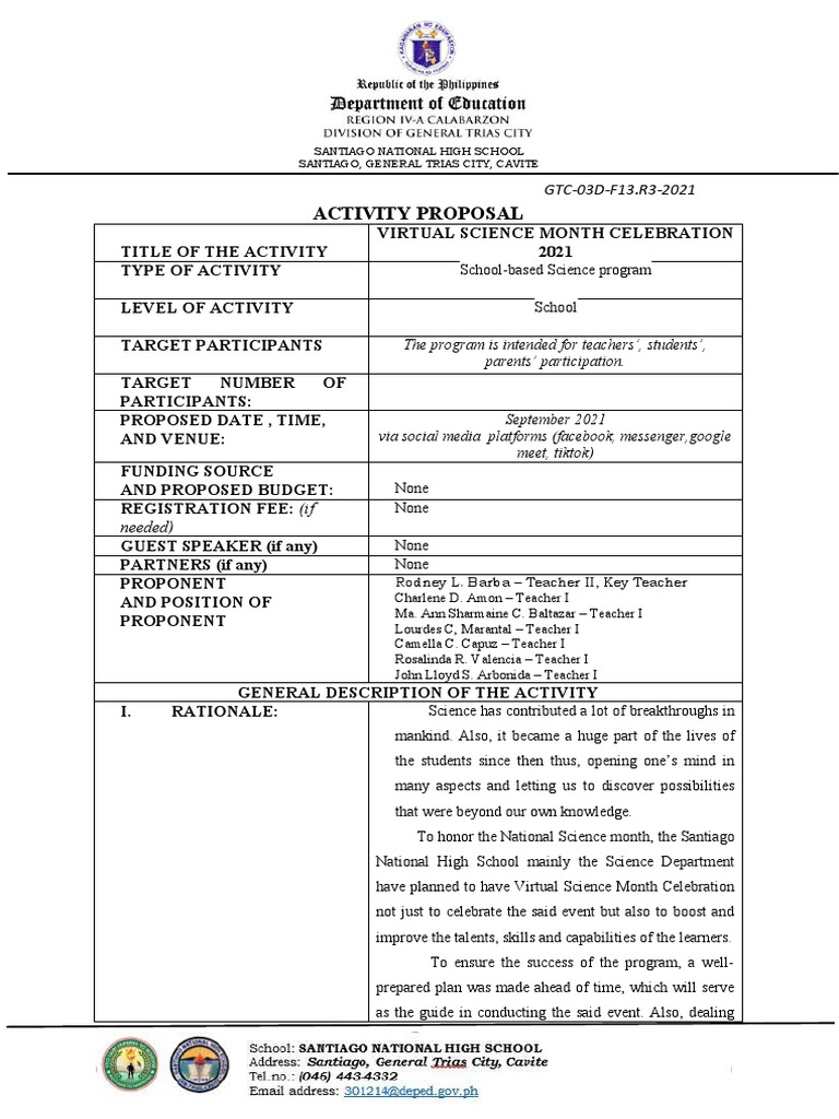 Activity Proposal - Virtual Science Month Celebration 2021 | PDF ...