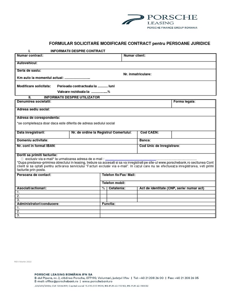 PLR - Formular Solicitare Modificare Contract Leasing Financiar - PJ | PDF