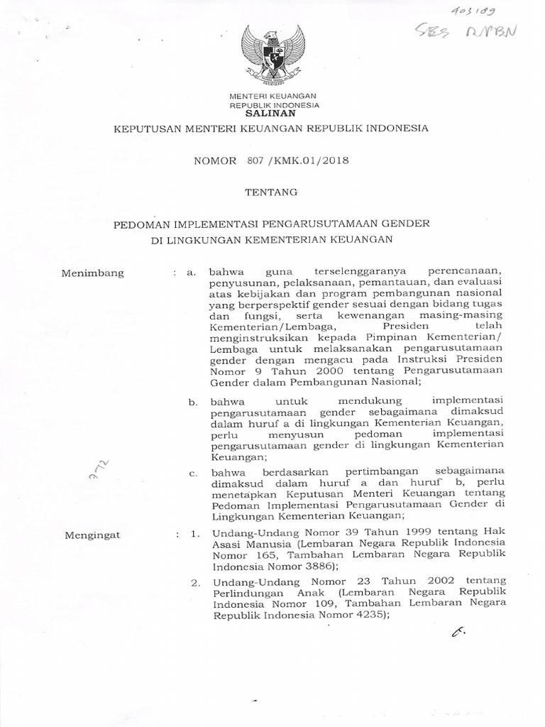 KMK 807-KMK-2018 Pedoman Implementasi PUG Di Lingkungan Kementerian ...